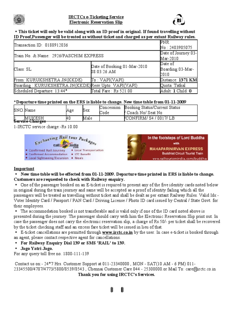 IRCTCs E-Ticketing Service Electronic Reservation Slip This | Identity ...
