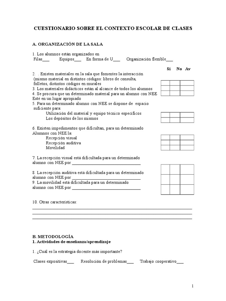 Cuestionario Sobre El Contexto Escolar de Clases | Aprendizaje ...
