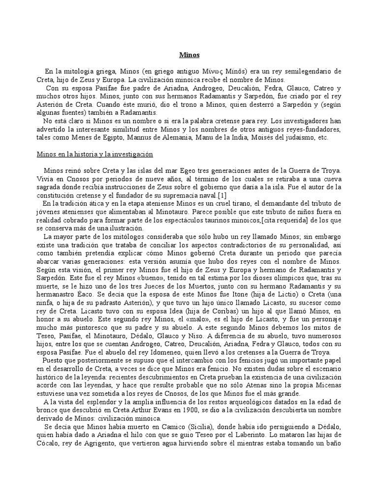 Minos: Rey de Creta y su Leyenda | PDF | Minotauro | Personajes mitologicos