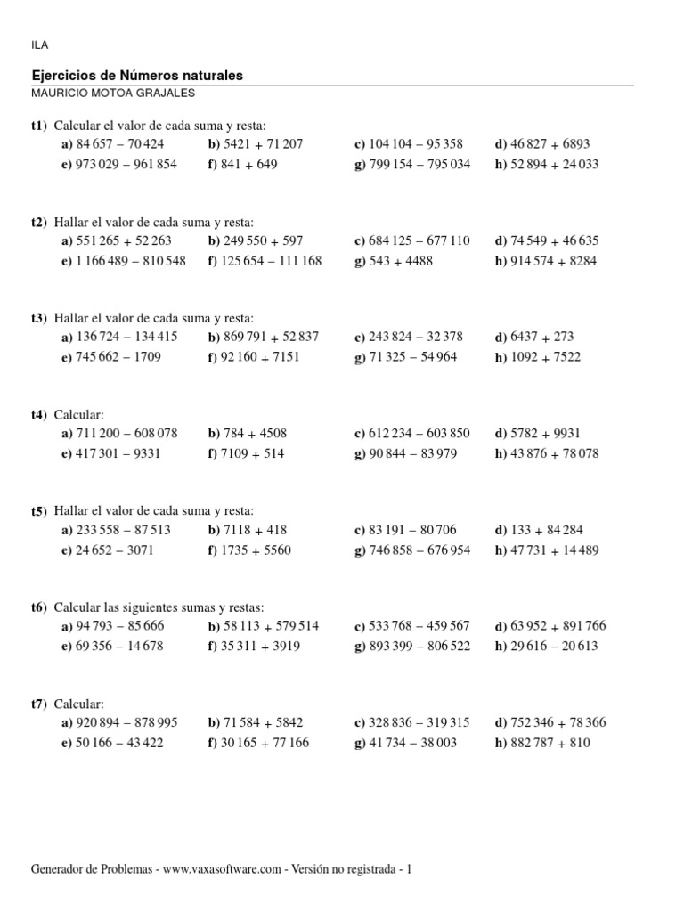 Suma y Resta Numeros Naturales1 | PDF | Métodos y materiales de enseñanza