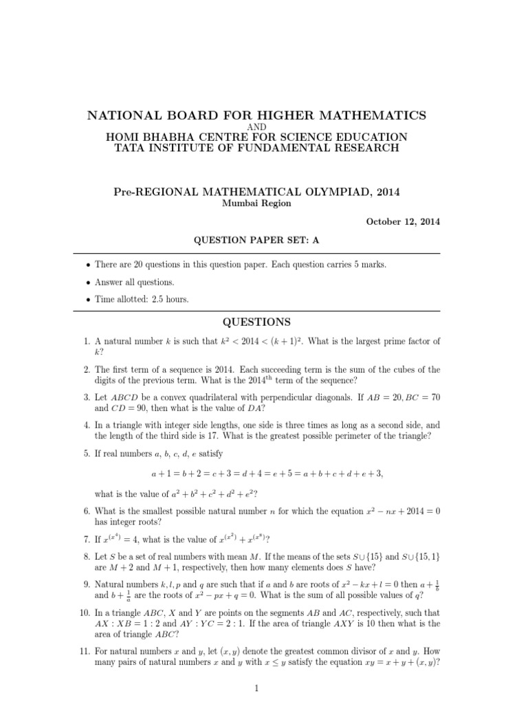 Pre RMO 2014 Question Paper | PDF | Euclidean Plane Geometry | Triangle