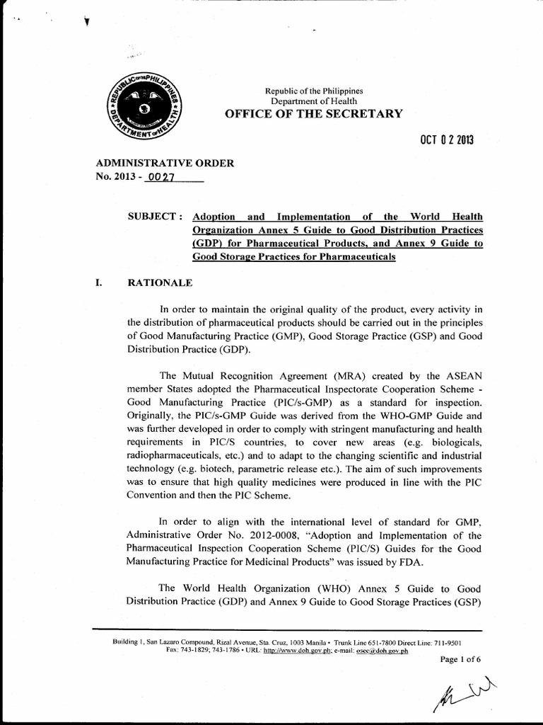 Administrative Order No. 2013-0027 - Good Distribution and Good Storage ...