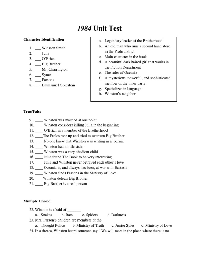 1984 Unit Test: Character Identification | PDF