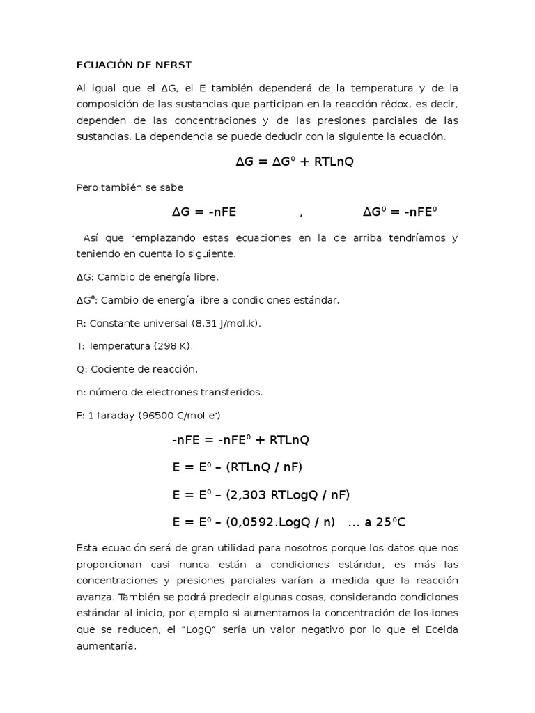 Aplicaciones de la Ecuación de Nernst | PDF | Ph | Electroquímica