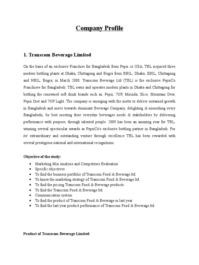 Company Profile Marketing | PDF | Pepsi Co | Drink