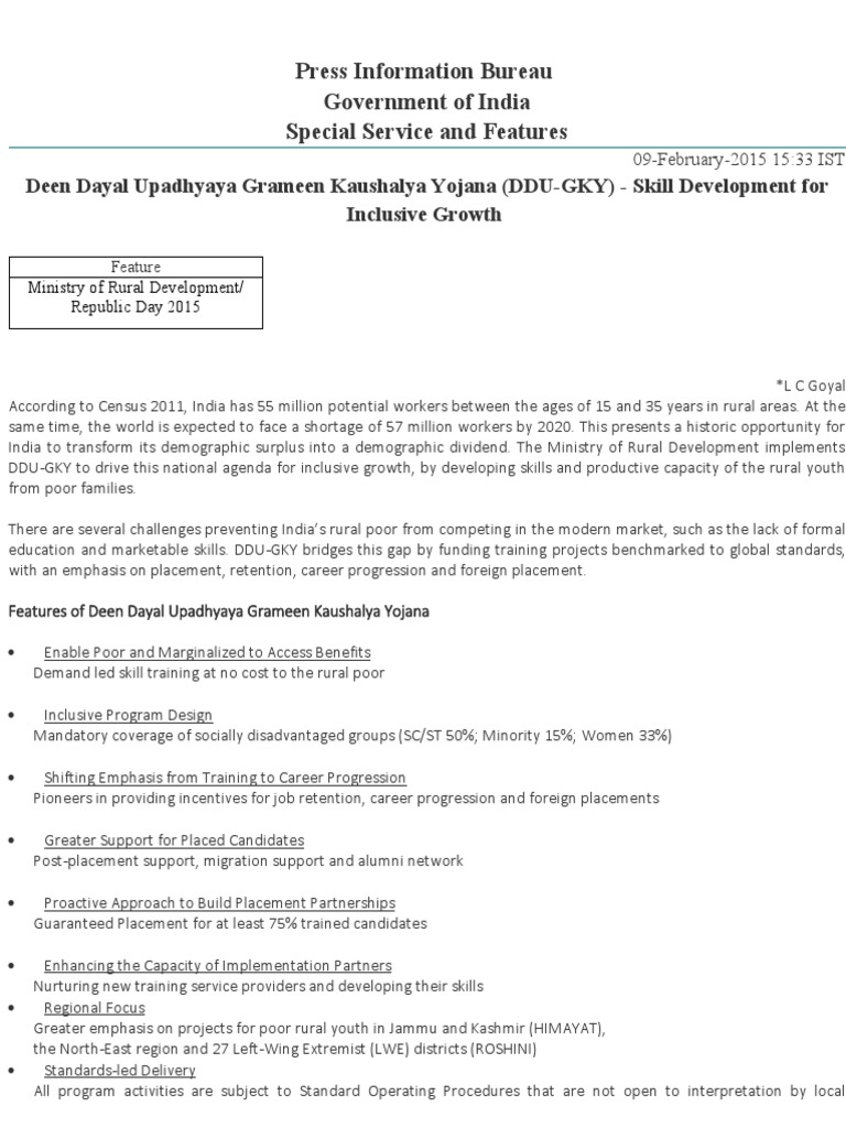 Deen Dayal Upadhyaya Grameen Kaushalya Yojana DDU GKY Skill Development ...