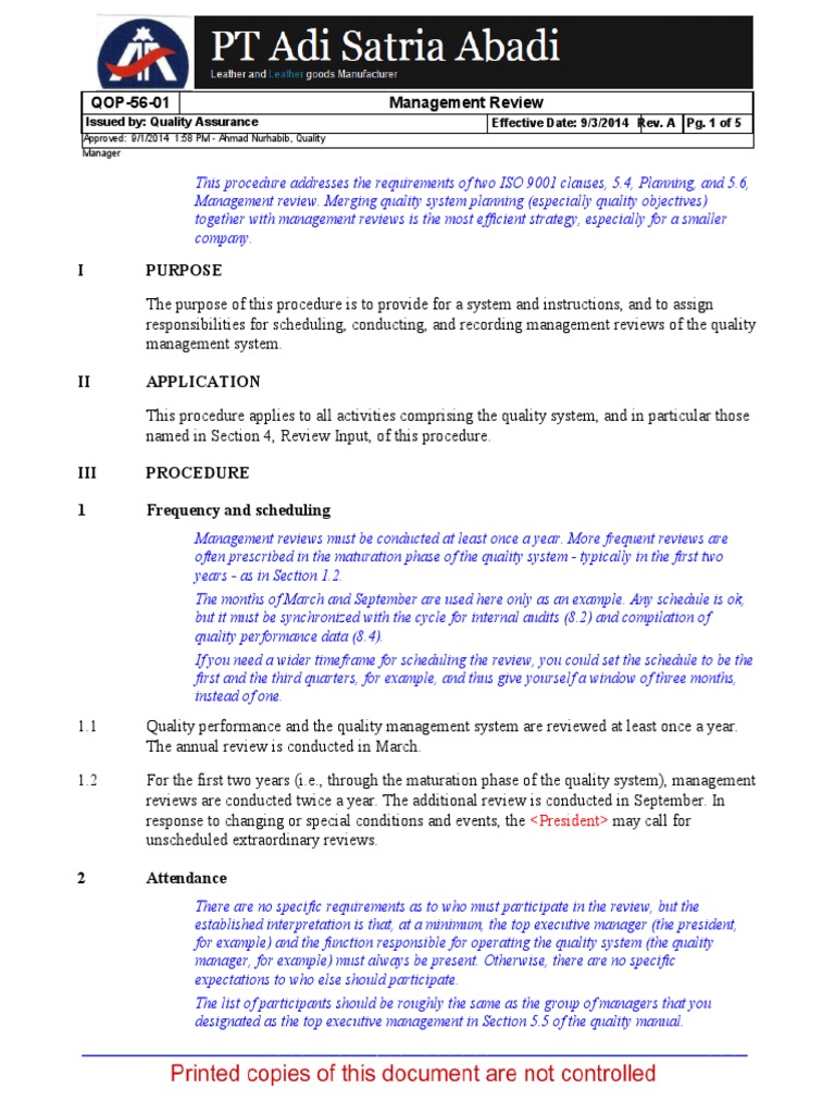 ISO 9001 Operational Procedure QOP-56-01 Management Review PT ASA | PDF ...