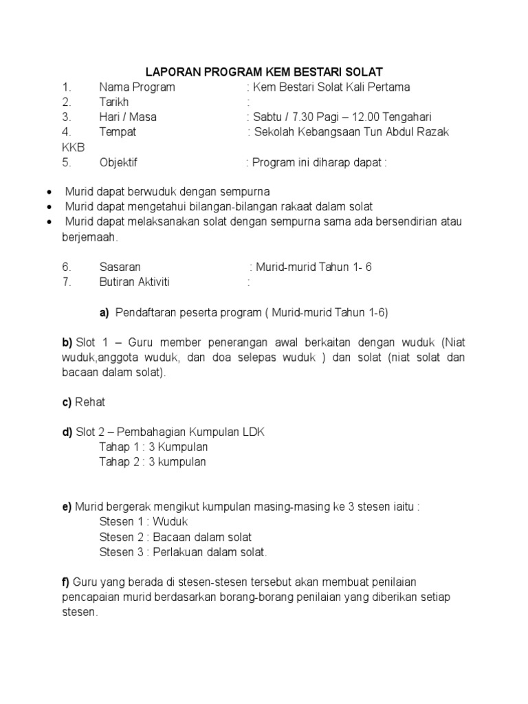Contoh Laporan Program Kem Bestari Solat | PDF