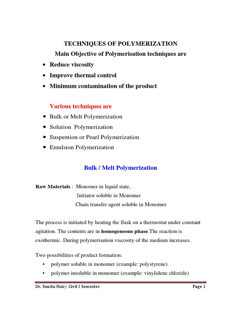 Polymerisation Techniques | PDF | Polymerization | Polymers