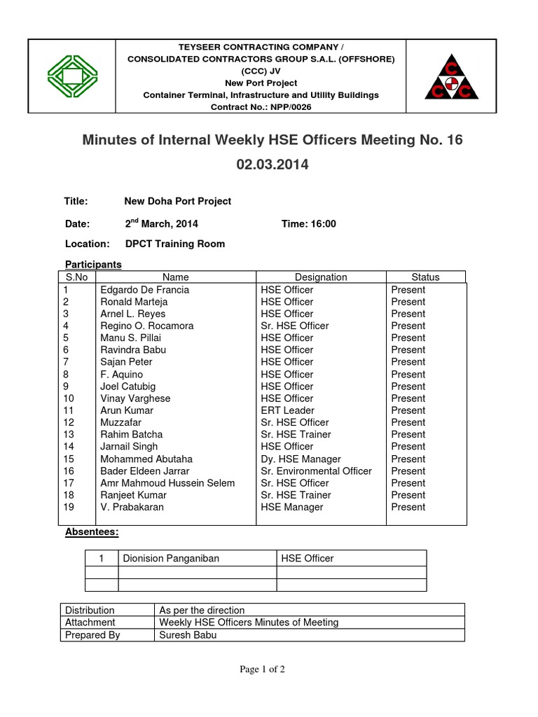 Weekly HSE Progress Meeting | PDF