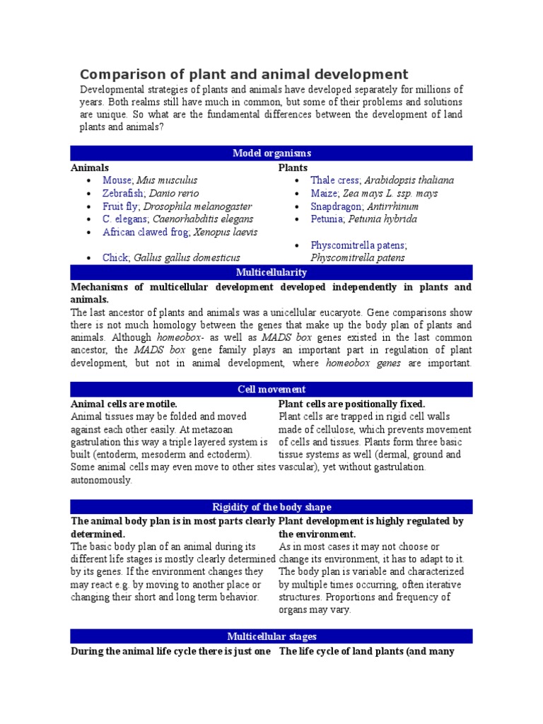 Comparison of Plant and Animal Development | PDF | Organisms | Reproduction
