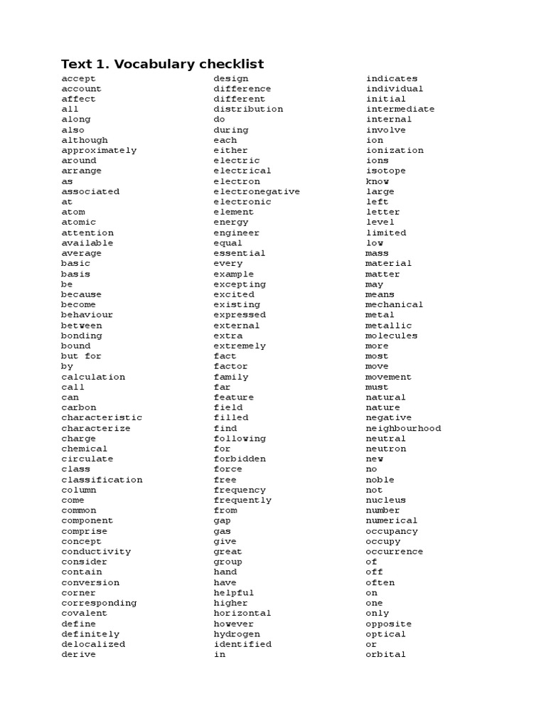 Text 1 Vocabulary Checklist | PDF