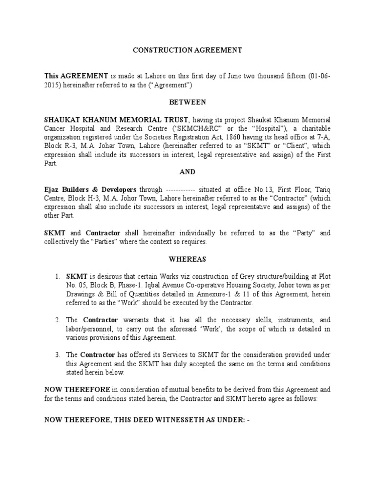 Construction Agreement (Musafar Khana, Iqbal Avenue, Lahore) | PDF ...