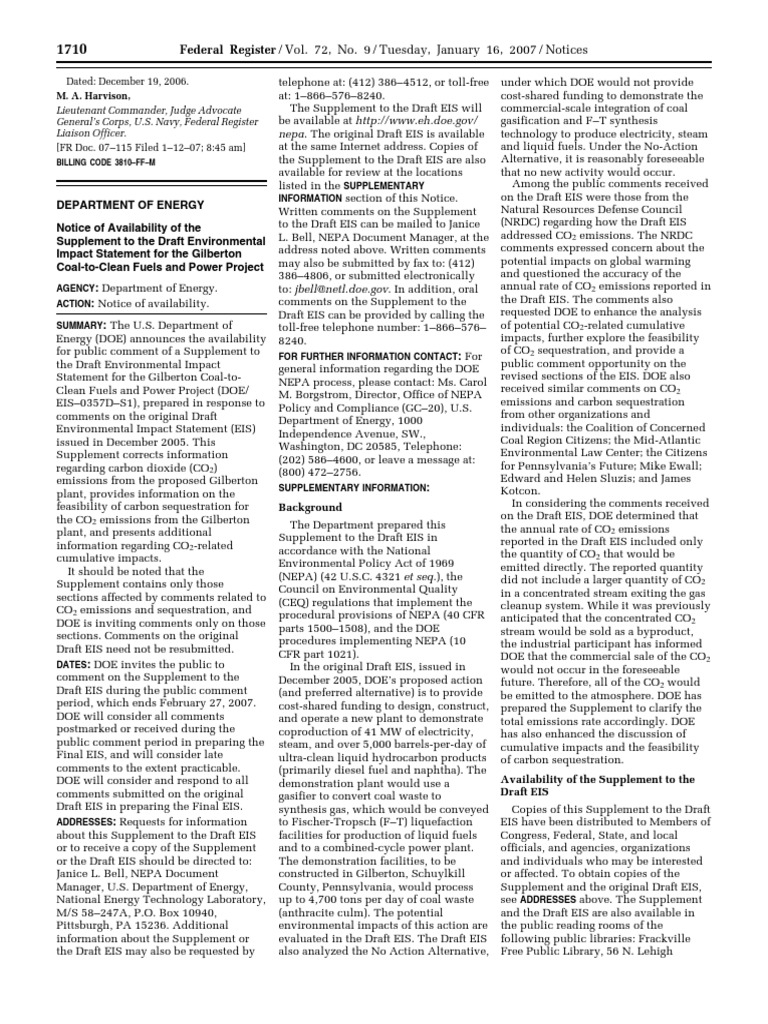 Notice: Environmental Statements Availability, Etc.: Gilberton Coal-to ...