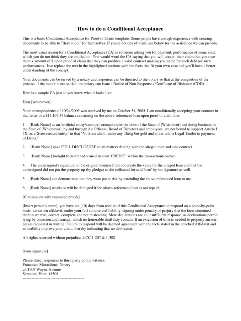 Conditional Acceptance - How To | PDF | Affidavit | Notary Public