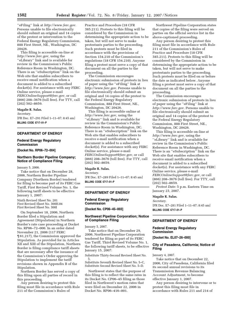FERC Compliance Filing Notices 2007 | PDF | Federal Energy Regulatory ...
