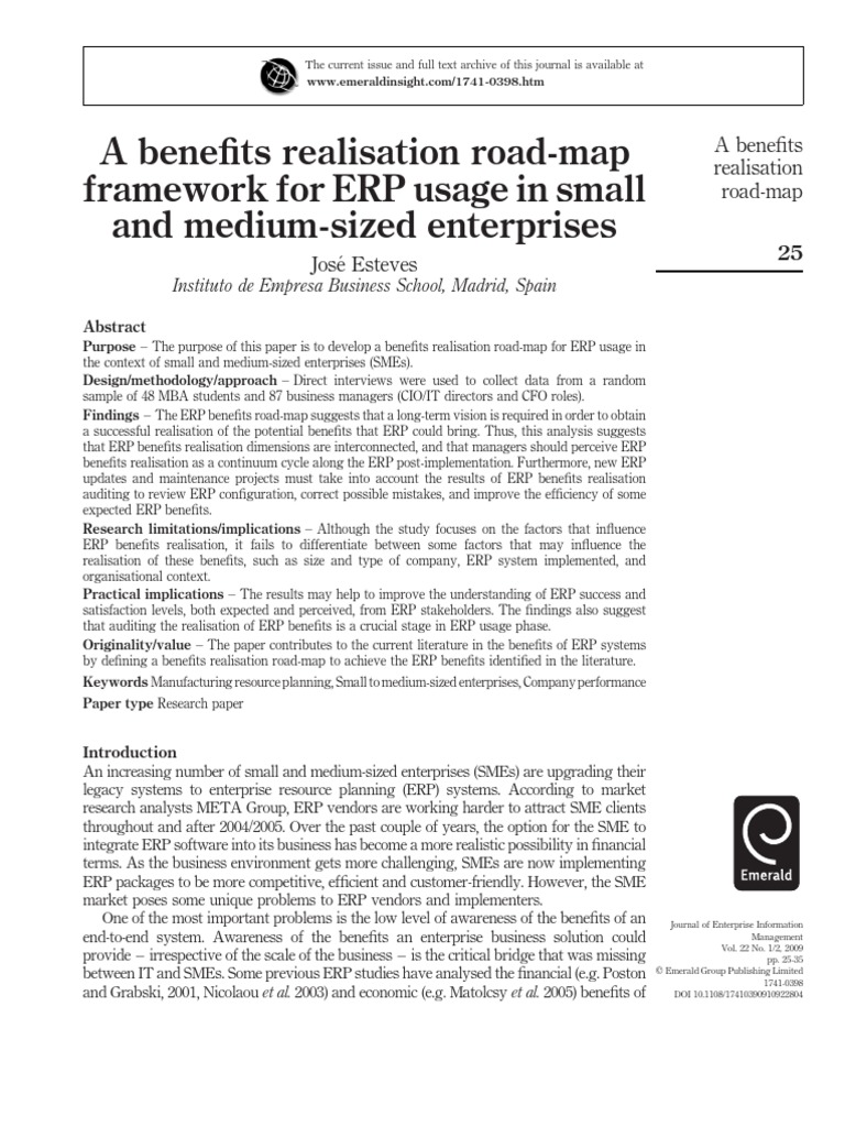 A Benefits Realisation Road-Map Framework For ERP Usage in Small and ...