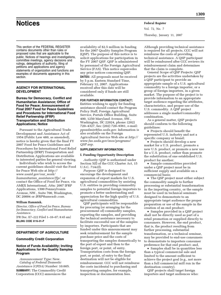 Notice: Grants and Cooperative Agreements Availability, Etc.: Quality Samples Program | PDF ...