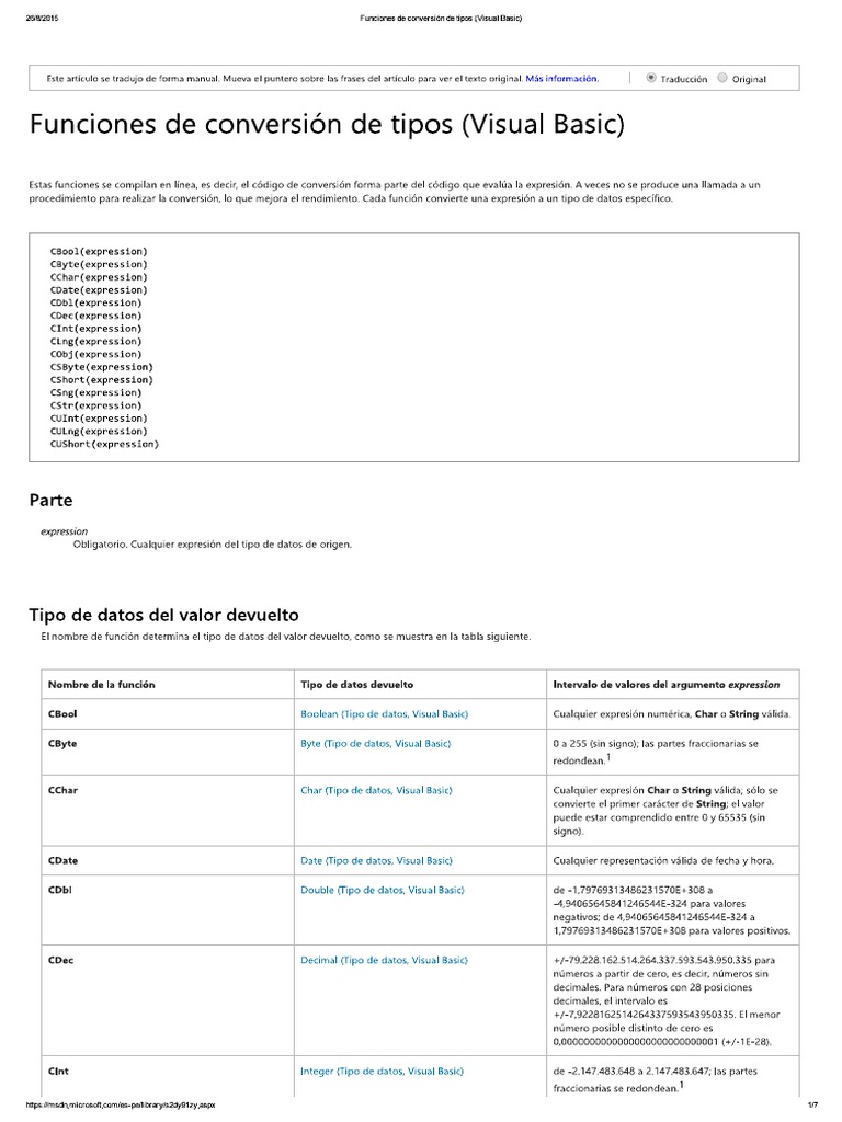 Funciones De Conversión De Tipos Visual Basic Pdf Programación De 1935