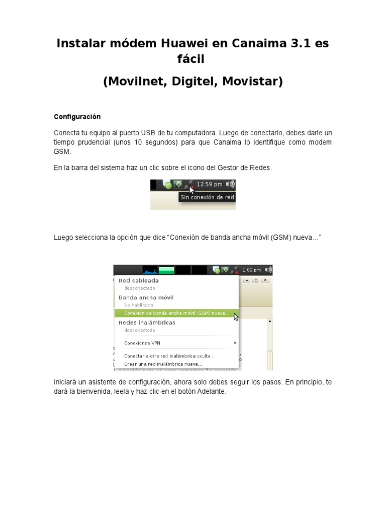 Configurar módem Huawei en Canaima | PDF | Banda ancha móvil | Gsm