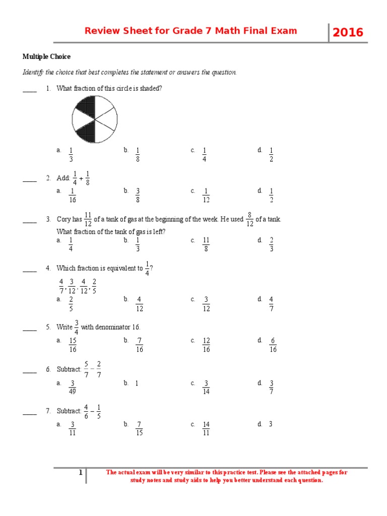 Grade 7 Math Final Review Sheet 2016 | PDF | Fraction (Mathematics ...