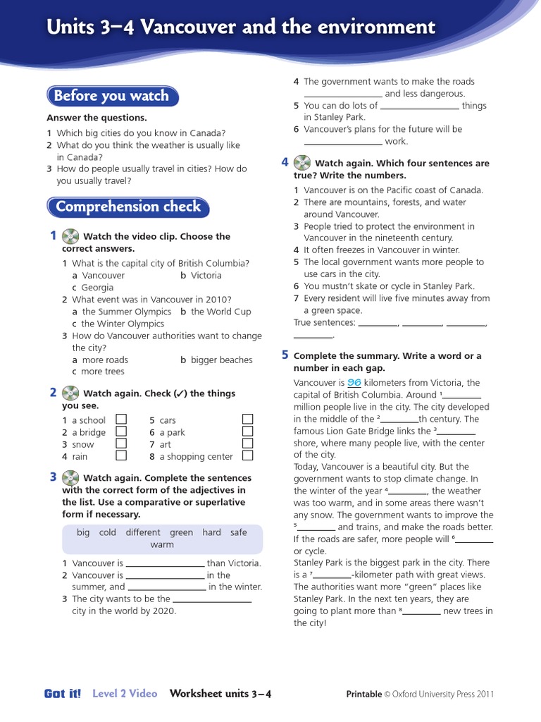 Got It Level 2 Video Worksheets 3-4 | PDF | Vancouver | Victoria, British Columbia