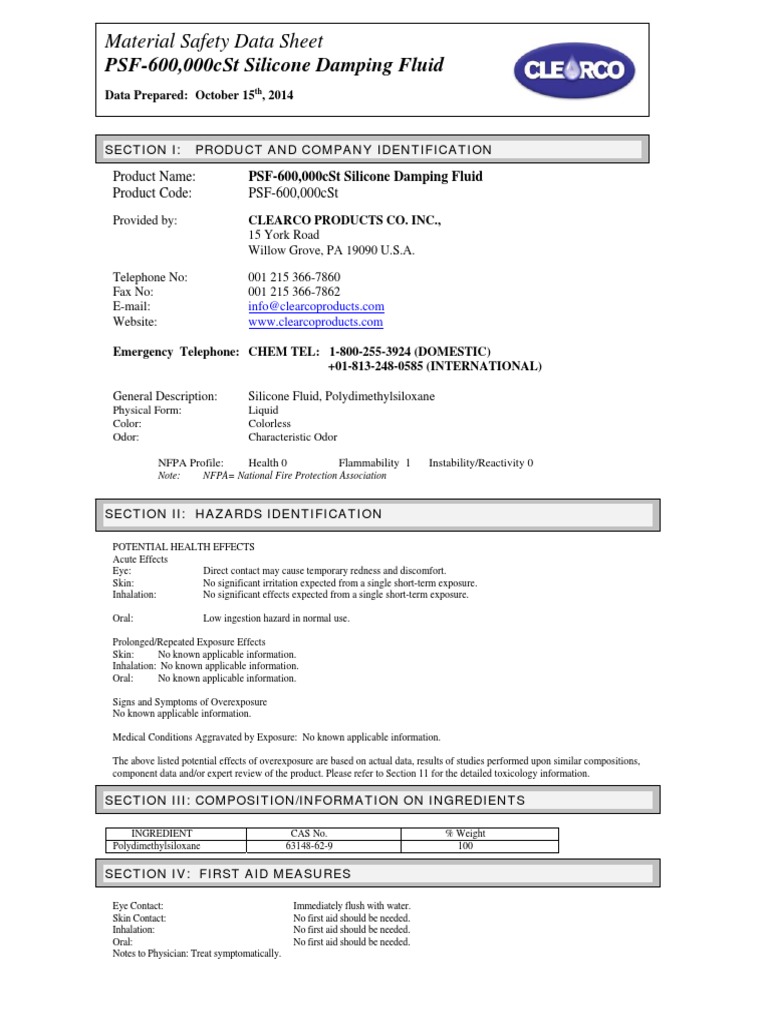 MSDS-PSF-600,000cSt Silicone Damping Fluid | PDF | Sewage Treatment | Soil