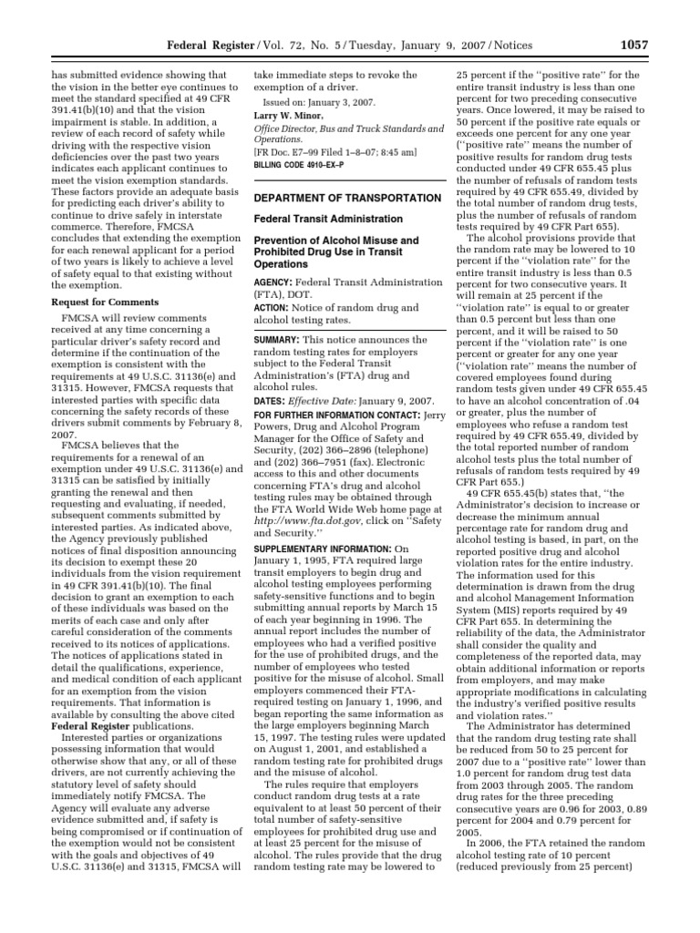 Notice: Transit Operations Prohibited Drug Use and Alcohol Misuse ...