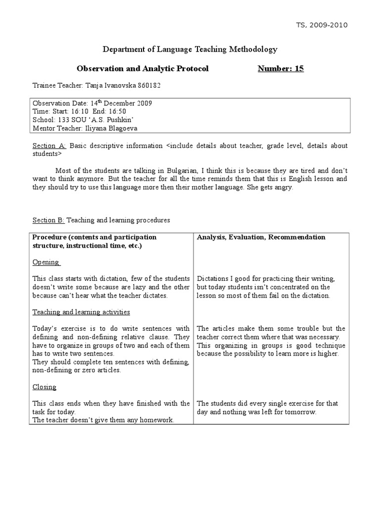 Observation Protocol 15 | PDF | Sentence (Linguistics) | Teachers