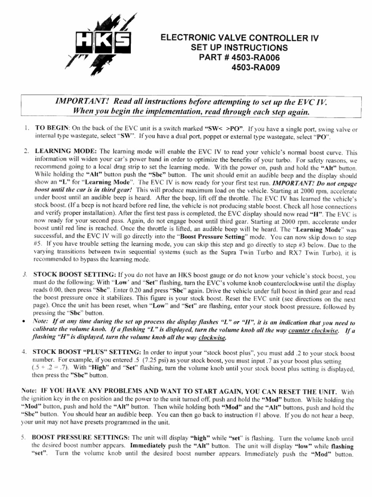 HKS EVC IV Boost Controller Setup Instructionsh | PDF