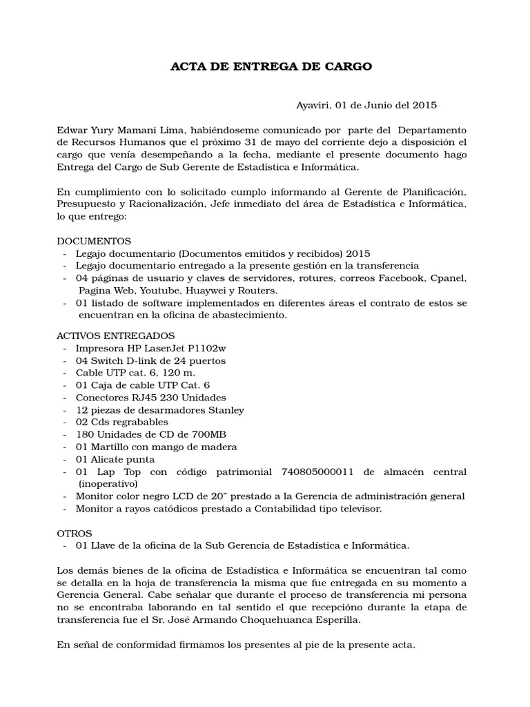 Acta de Entrega de Cargo | PDF