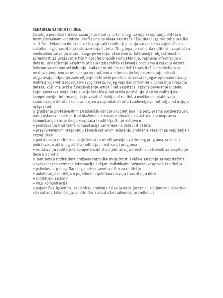 Saradnja Sa Roditeljima | PDF