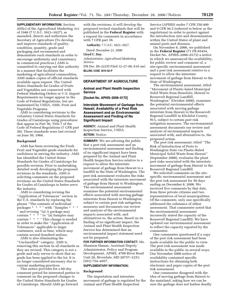 Notice: Environmental Statements Availability, Etc.: Hawaii Garbage ...