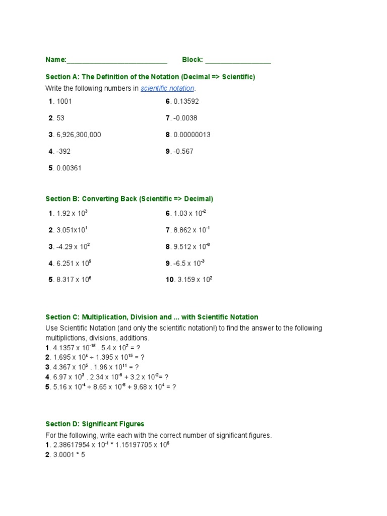 Scientific Notation Practice Worksheet | PDF
