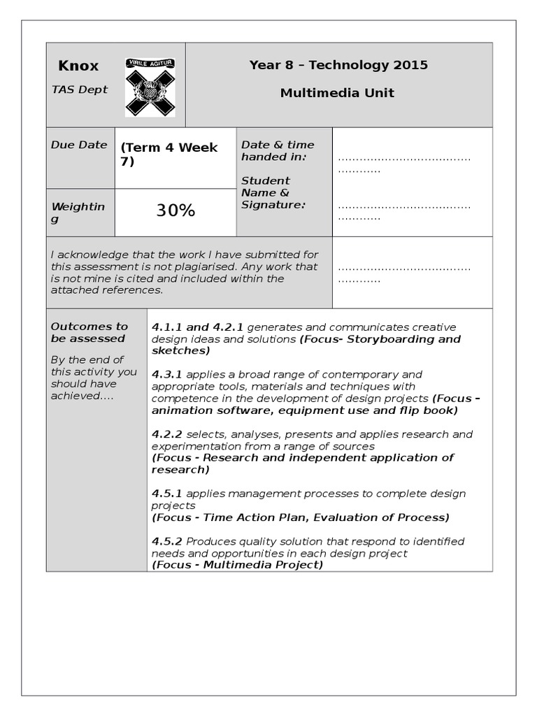 Tech Year8 Multimedia Assessment Outline 2015 Newbrief | PDF ...