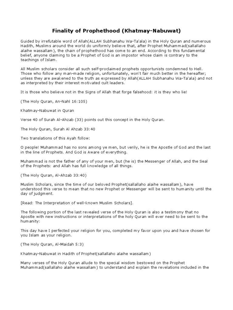 Finality of Prophethood | PDF | Prophets And Messengers In Islam | Muhammad