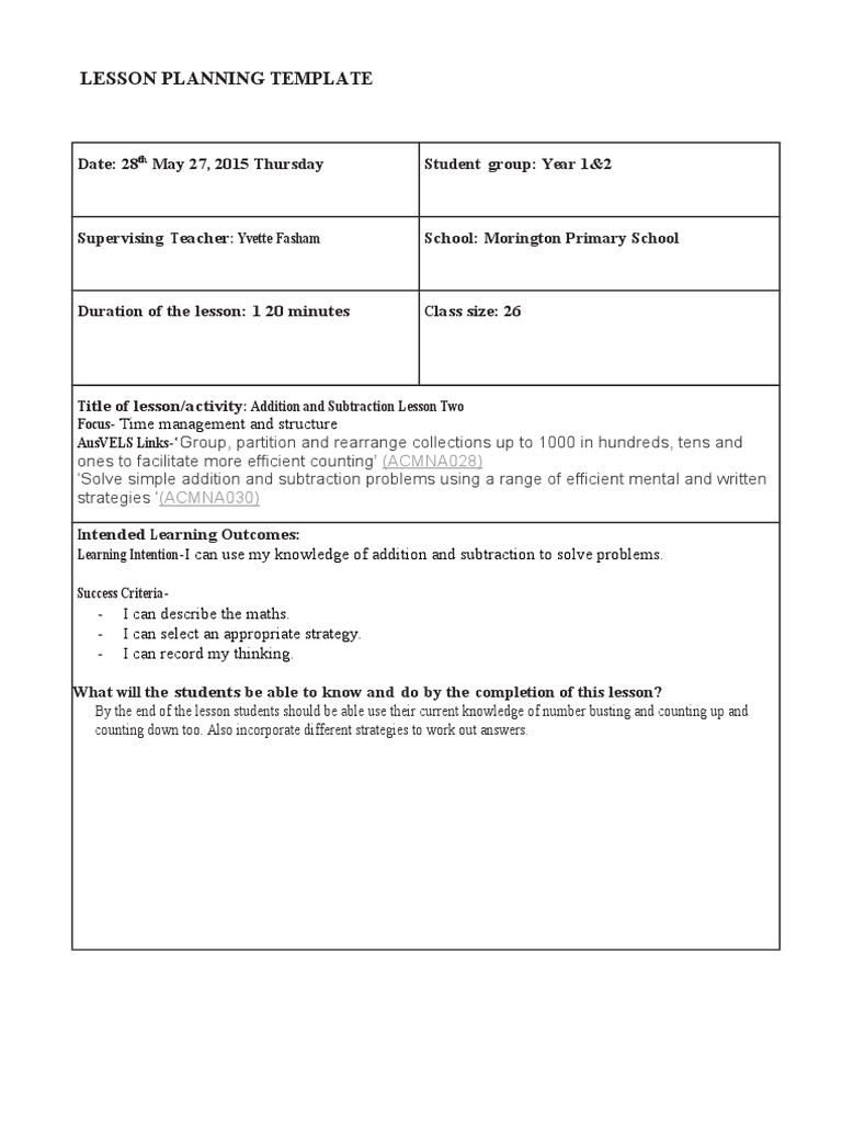 Year 1&2 Addition and Subtraction Lesson | PDF | Lesson Plan | Cognition