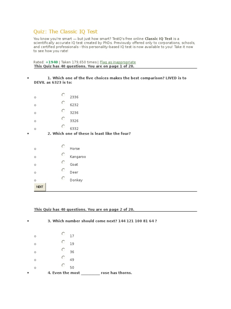 Quiz: The Classic IQ Test: o o o o o | PDF