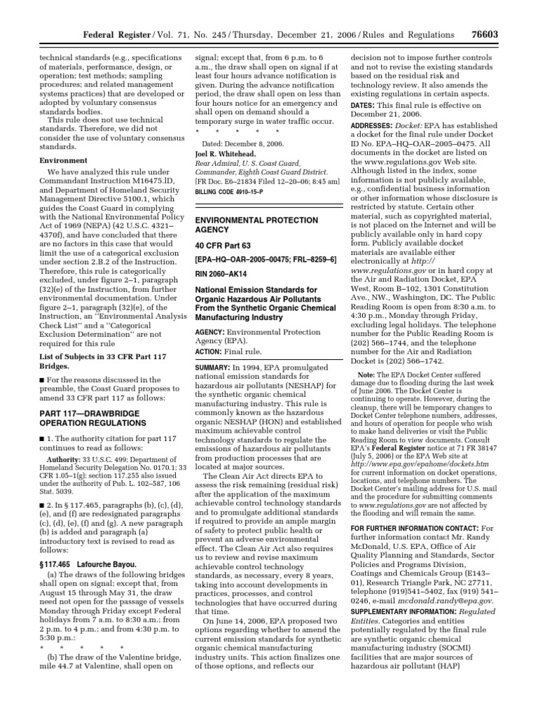 Rule: Air Pollutants, Hazardous National Emission Standards: Synthetic ...