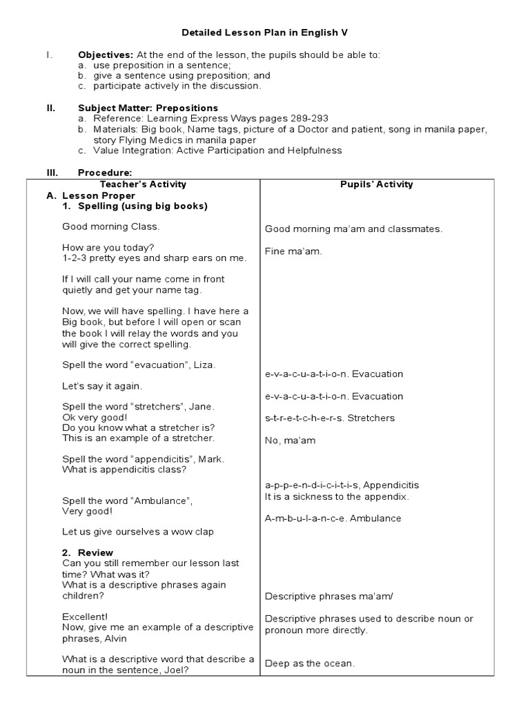 Detailed Lesson Plan in English V Caroline | PDF | Preposition And ...