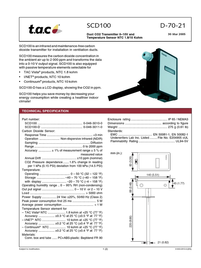 SCD100 Duct CO2 Sensor PDF | PDF | Carbon Dioxide | Duct (Flow)