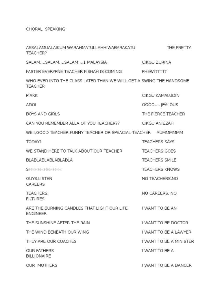 Choral Speaking Script for Kindergarten | PDF | Career & Growth ...