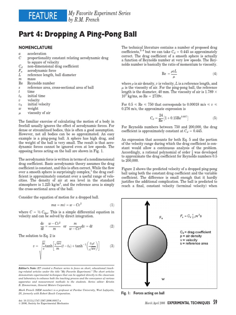 Ping Pong Ball Drop - Published Article | Drag (Physics) | Reynolds Number