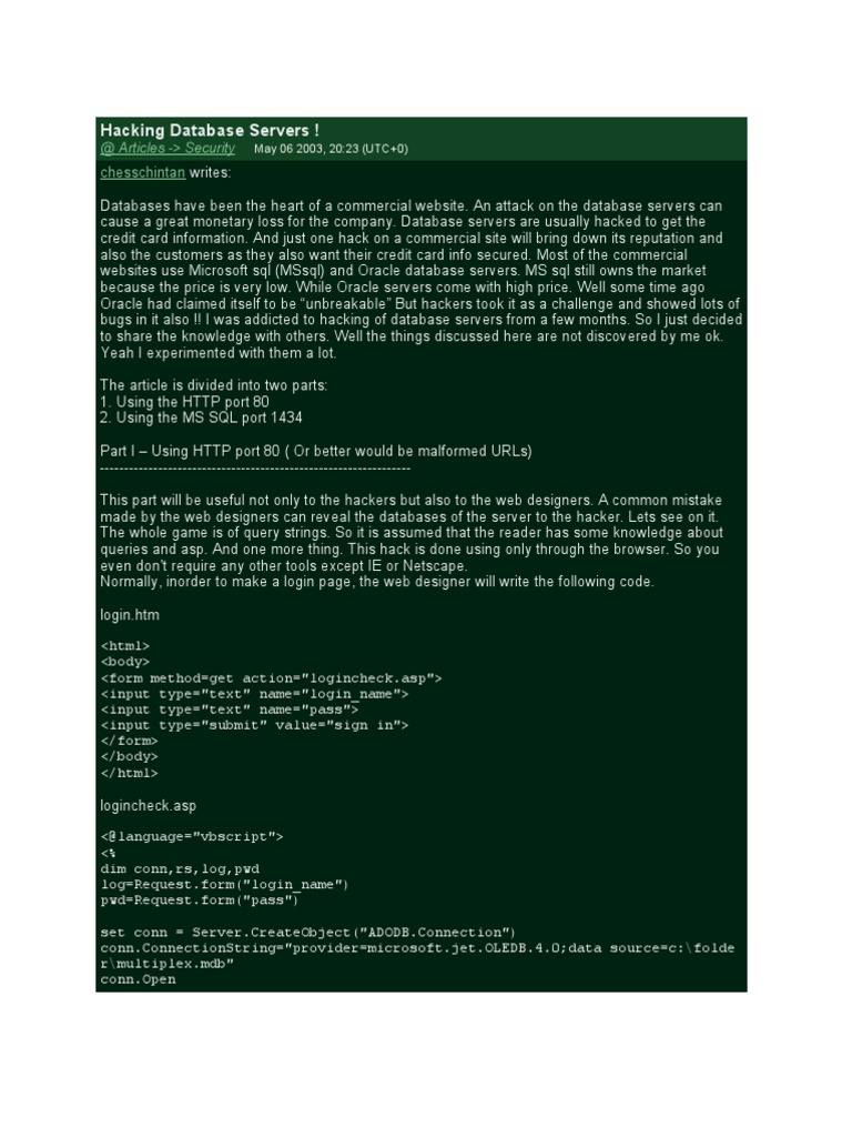 Hacking Database Servers | PDF | Microsoft Sql Server | Web Design