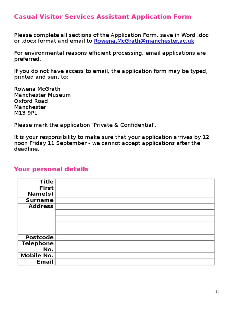 Casual Visitor Services Assistant Application Form: Rowena - Mcgrath ...