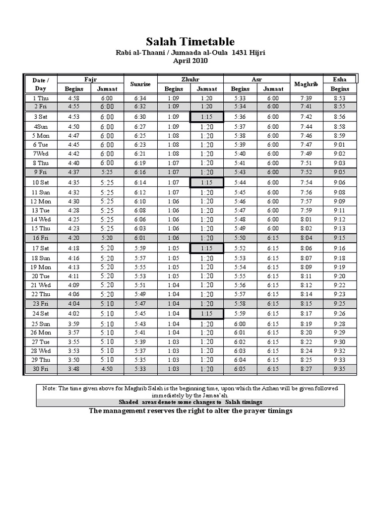 Salah Timetable April 2010 | PDF | Islamic Behaviour And Experience ...