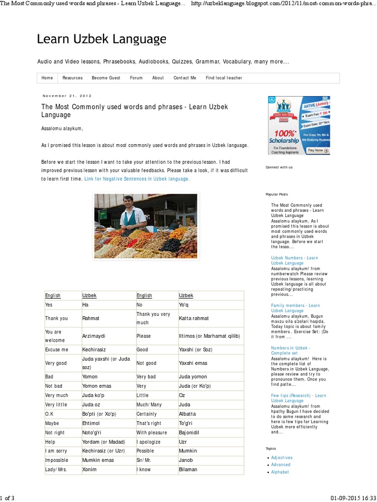 Common Uzbek Words and Phrases | PDF | Linguistic Typology | Cognitive ...