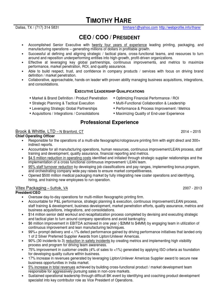 Manufacturing Packaging President CEO in USA Resume Timothy Hare | PDF ...