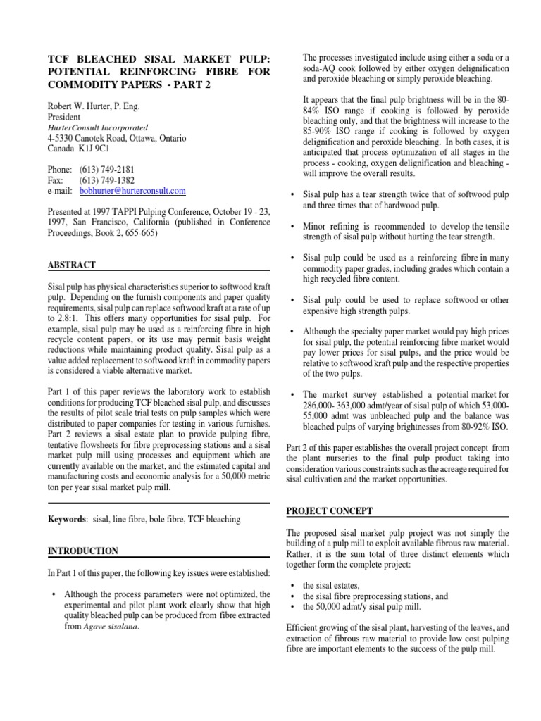 Sisal Pulp Potential as Reinforcing Fibre in Commodity Papers | PDF ...