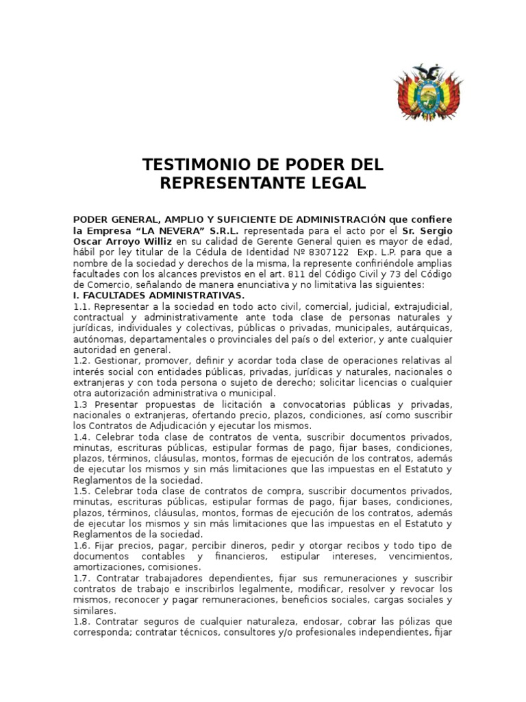 Testimonio de Poder Del Representante Legal La Nevera SRL | Cheque | Bancos